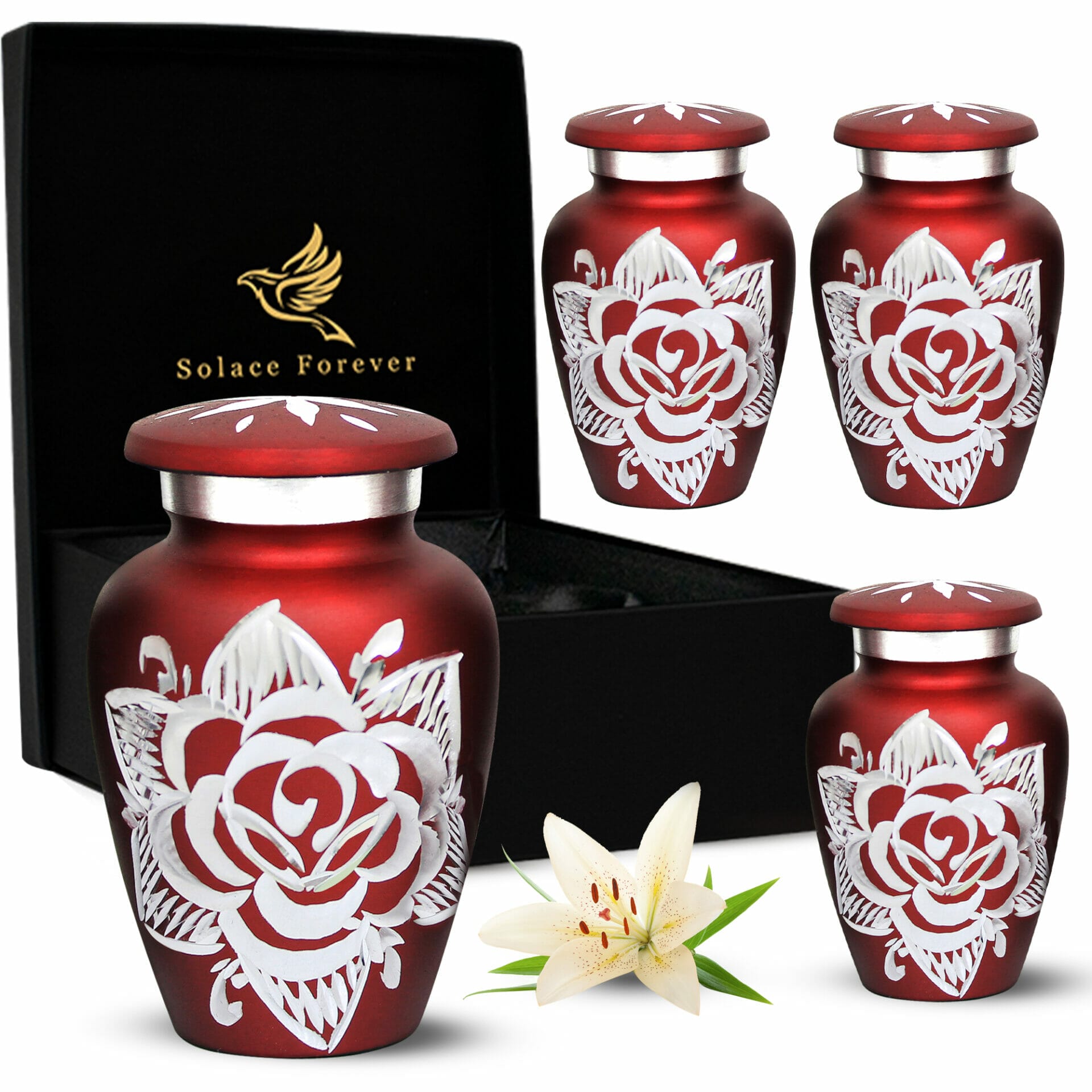 Red Rose Keepsake Urns Set of 4 For Human Ashes - Solace Forever Urns