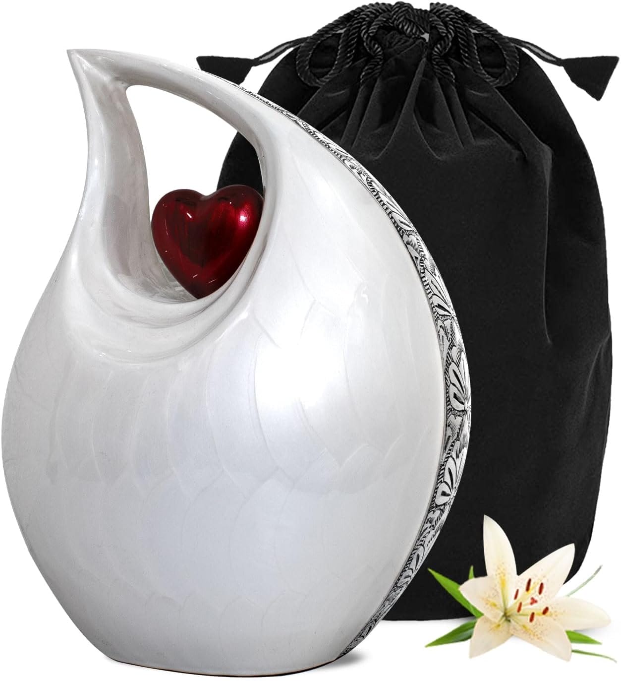 White EN Teardrop Red Heart Urn - Solace Forever Urns